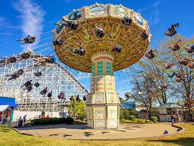 Spinning through the air on vintage swings, proving some thrills never go out of style, just like your favorite Sinatra tune.