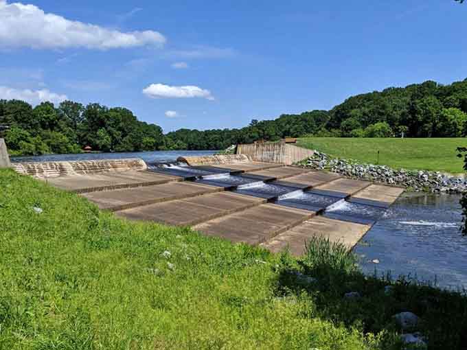 The spillway turns functional engineering into something surprisingly beautiful, like a staircase for water with architectural ambitions.