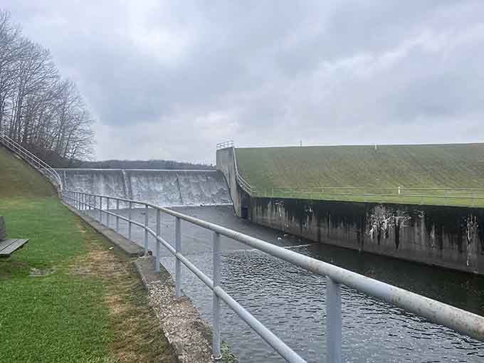 The dam's spillway: where engineering meets nature and somehow they both win the argument.