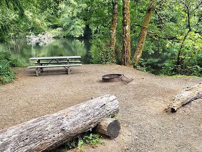 Your campsite picnic table overlooks water so serene it makes you forget about your to-do list entirely.