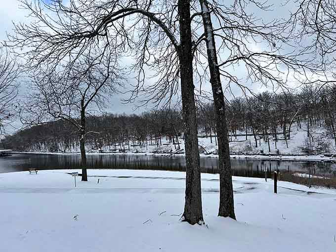 Winter transforms the park into a peaceful wonderland that looks like a Hallmark movie set.