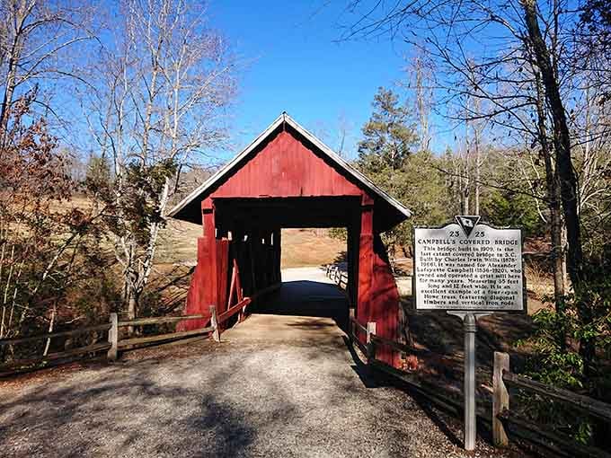 Campbell's Covered Bridge stands red and proud, like it's been waiting decades just to be in your vacation photos.