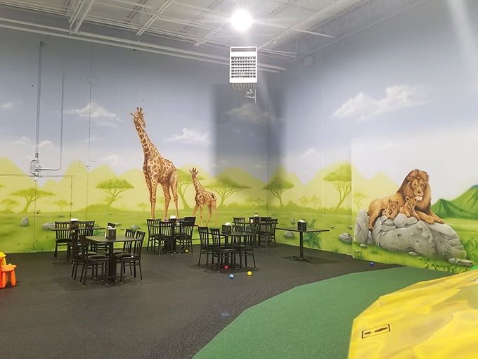 Giraffes and lions watch over your lunch break, which beats staring at beige walls any day.