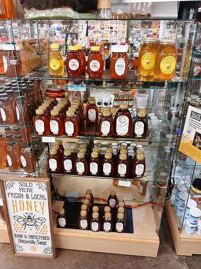 Local honey in every shade of amber sits waiting to sweeten your tea and support hardworking bees.
