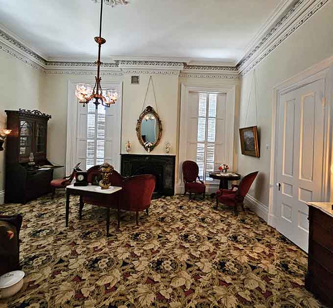 High ceilings, velvet chairs, and that floral carpet create a parlor so elegant, you'll instinctively straighten your posture.