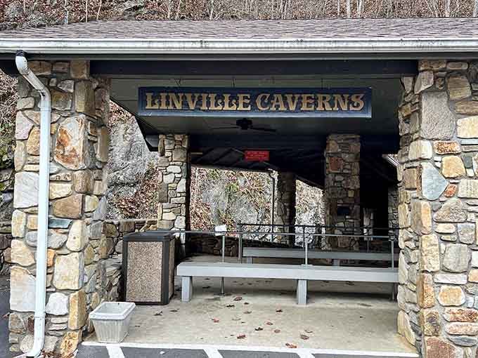 The rustic stone entrance welcomes visitors with mountain charm, proving that even cavern buildings can have serious curb appeal going on.