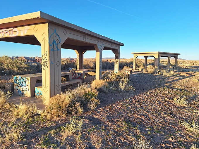 These weathered picnic shelters have seen better days, but the view they offer remains absolutely priceless and timeless.