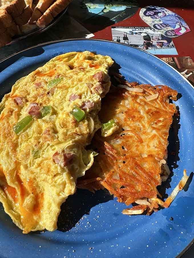 The Moose Omelet lives up to its name with enough ham, peppers, and cheese to fuel a wilderness expedition.