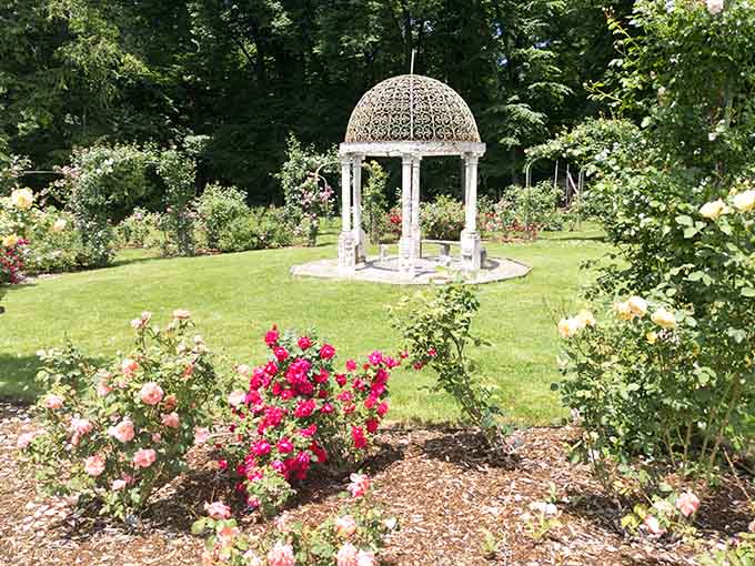 A rose garden with a classical gazebo, because apparently regular gardens weren't fancy enough for the Gilded Age.