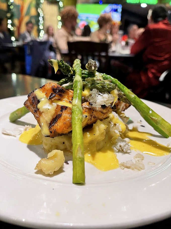 Salmon Oscar with asparagus and hollandaise sauce, because sometimes Indiana does fancy better than the coasts.