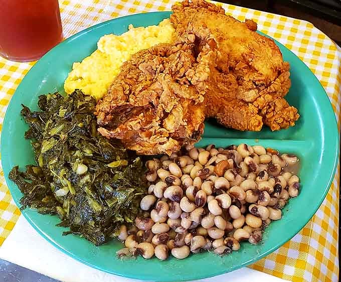 Black-eyed peas and collards flanking crispy chicken. Your grandmother would approve of this combination wholeheartedly.