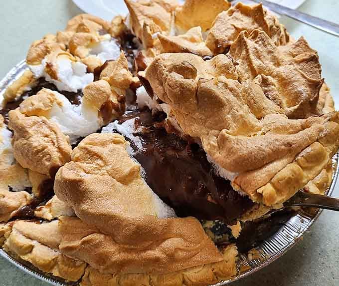 Chocolate pie topped with meringue peaks that could give the Swiss Alps a run for their money.