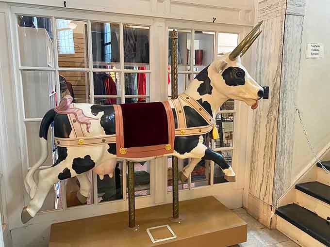 Yes, that's a carousel cow, proving that dairy animals deserve their moment in the spinning spotlight too.