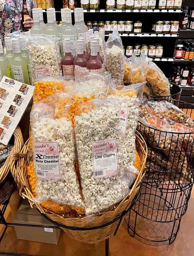 Gourmet popcorn flavors piled high in baskets, turning movie night snacks into sophisticated munching worthy of dinner parties.