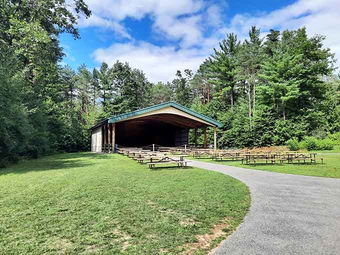 The pavilion stands ready for gatherings, rain or shine, because Mother Nature doesn't always cooperate with vacation plans.
