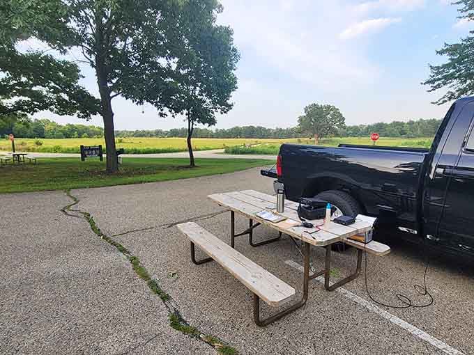 Your picnic spot awaits with prairie views that make even a simple sandwich taste like a gourmet experience.