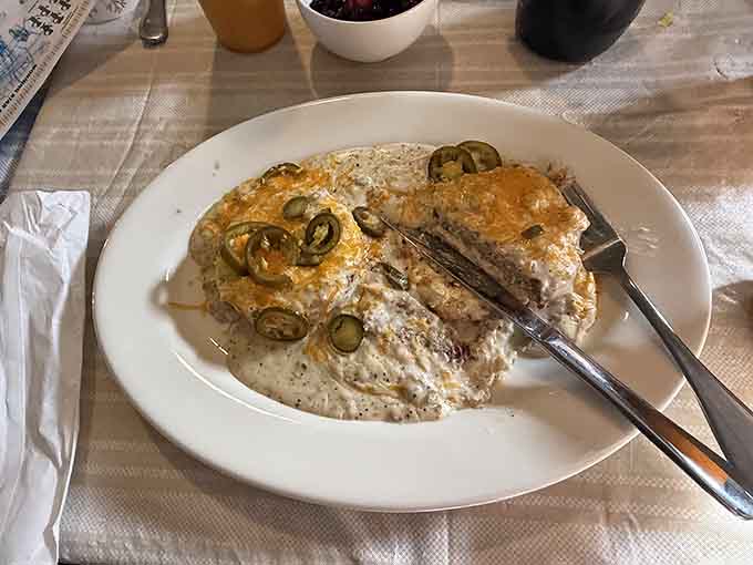 The Dirty Grandma delivers biscuits, gravy, and enough jalape&ntilde;os to wake up your entire nervous system.
