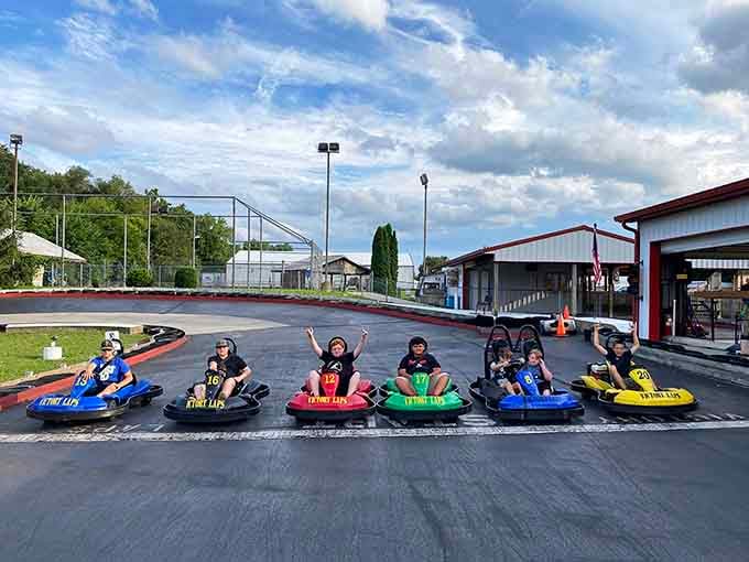 Go-karts lined up like a rainbow of speed, because retirement doesn't mean slowing down.