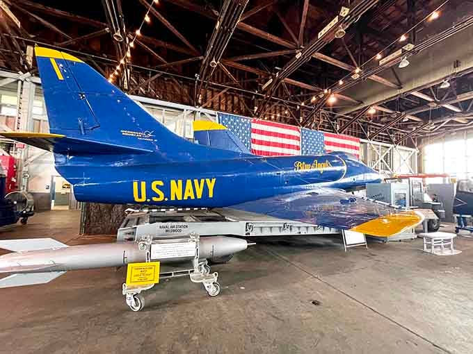 The Blue Angels' Skyhawk gleams like it's still ready to perform aerial acrobatics over some lucky crowd tomorrow.