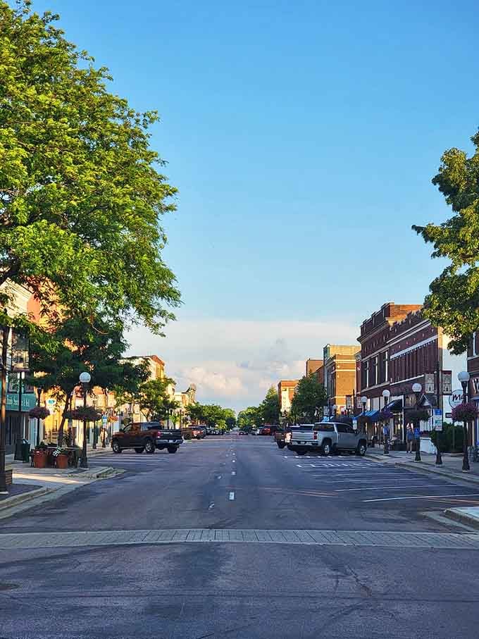 Empty streets at golden hour reveal a town that values quality of life over traffic jams.