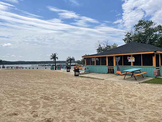 Sandy beaches and colorful picnic tables make this the perfect spot for waterfront relaxation.