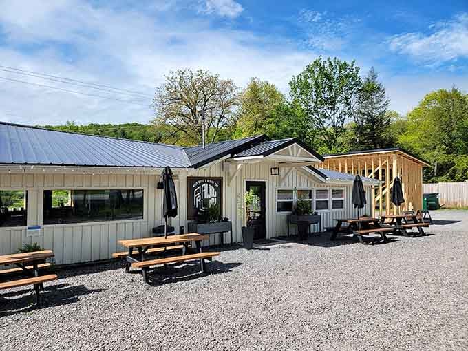 Picnic tables outside signal the kind of casual dining where mountain views come standard with every meal ordered.