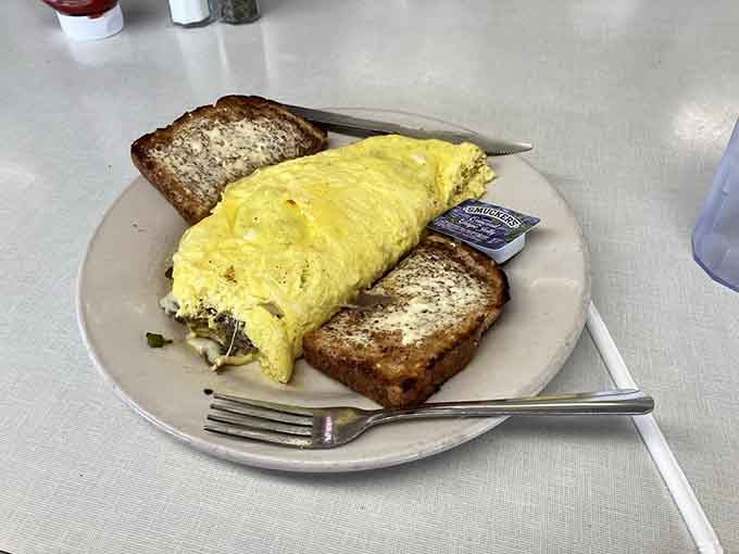 That fluffy omelet draped over toast is basically a warm, edible hug on a plate you can fork.