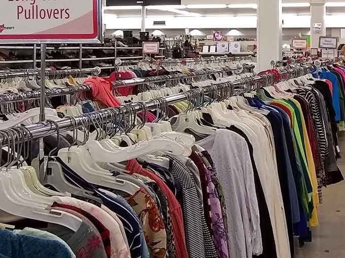 Pullovers organized by color create a rainbow of cozy possibilities that won't drain your bank account dry.