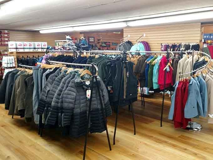 Outdoor clothing organized by color like a rainbow decided to become practical and keep you warm.
