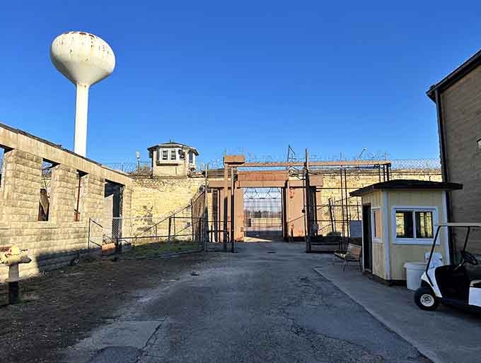 That water tower and guard booth combo screams maximum security: nobody was getting past this checkpoint without serious consequences.