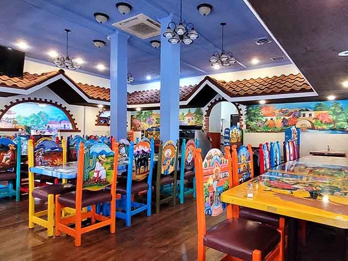 Inside Rancho Grande, those colorful chairs and hand-painted murals transport you south of the border without needing your passport.