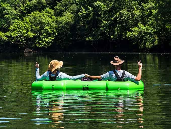 Peace signs and matching tubes, because sometimes the best therapy involves floating with your favorite person and zero agenda.