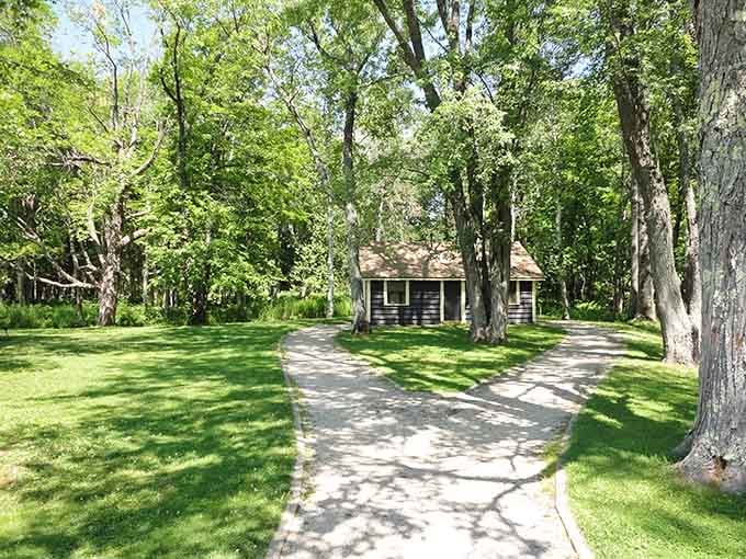 Tree-lined paths wind through the park, building anticipation before revealing the main attraction ahead.