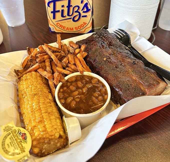 Sweet potato fries and ribs with beans: the holy trinity of barbecue happiness on one tray.