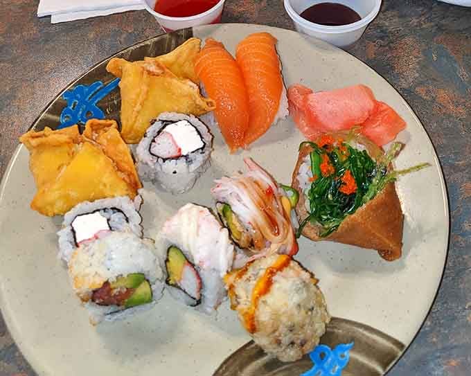 Fresh sushi at a Midwest buffet proves we're living in the best timeline, where landlocked states get ocean treasures too.