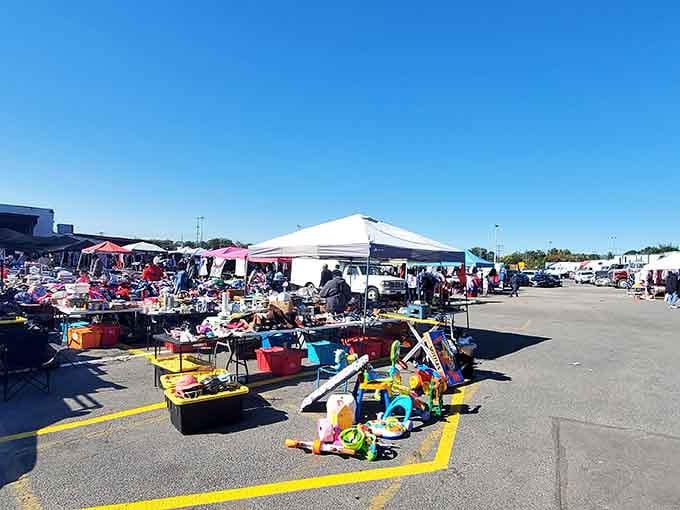 The outdoor flea market section proves that sunshine and shopping make the perfect weekend combination every time.