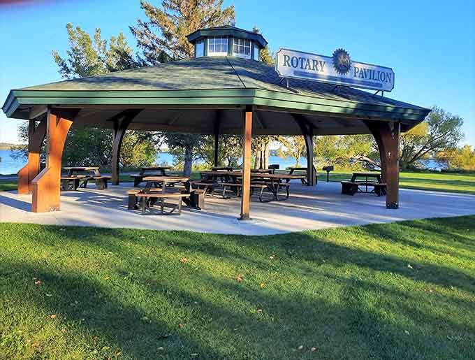 The Rotary Pavilion offers shade and picnic tables, perfect for lunch with a view of giant companions.