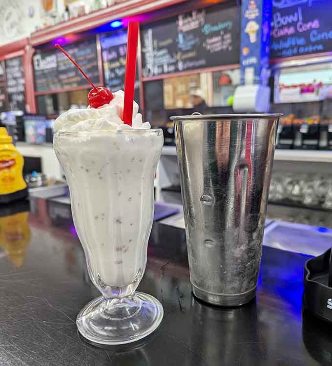 That metal mixing cup beside your milkshake means you're getting the real deal, not some blender impostor nonsense.