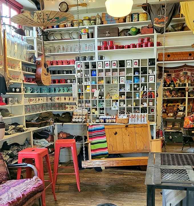 Shelves packed with colorful mugs and local crafts prove that variety is the spice of general store life.