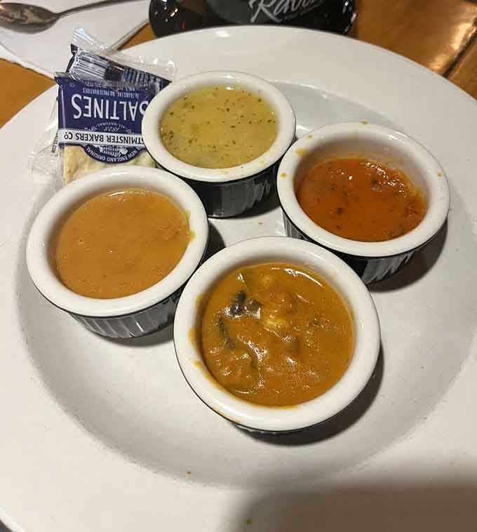 Four soups, one plate, zero regrets about your inability to commit to just one flavor today.