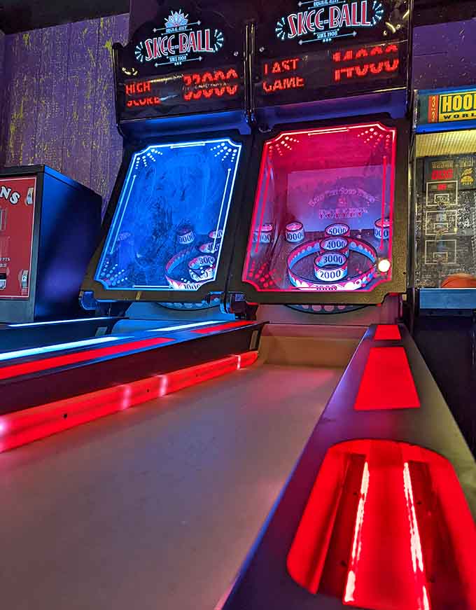 Skee-ball lanes glowing in neon glory, ready to settle once and for all who's the real champion of your friend group.