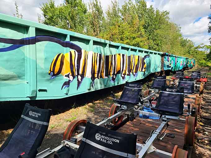 Colorful train cars stand sentinel while modern rail bikes prepare to steal the show.