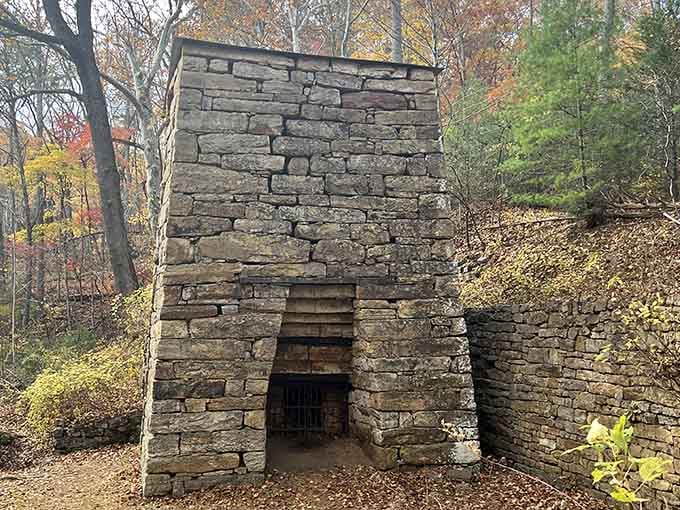 The Roaring Run Furnace stands as a fascinating reminder of the area's iron-making past among the trees.