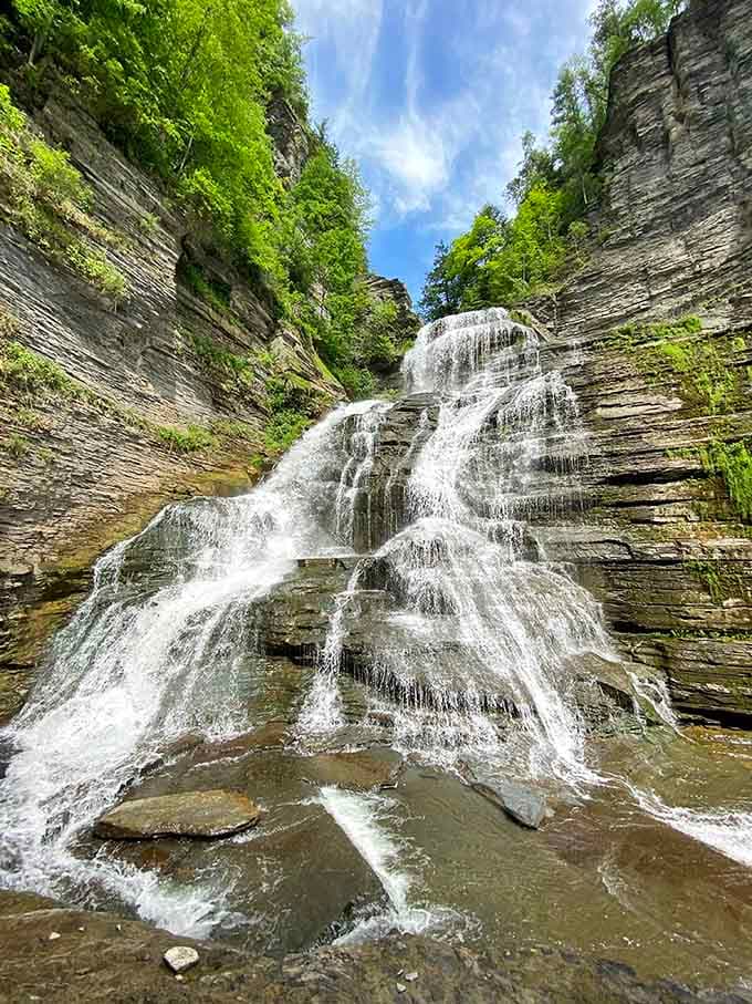Lucifer Falls cascades down ancient rock like nature's own fountain show, minus the Vegas ticket prices.