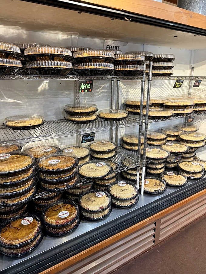 Rows of fresh pies stacked like delicious poker chips, and you're about to hit the jackpot with every slice.