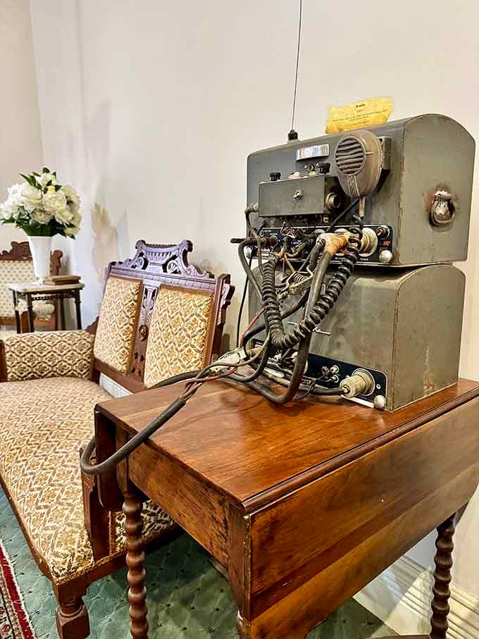 Period equipment in the sheriff's quarters shows how law enforcement communicated before smartphones made everything easier.