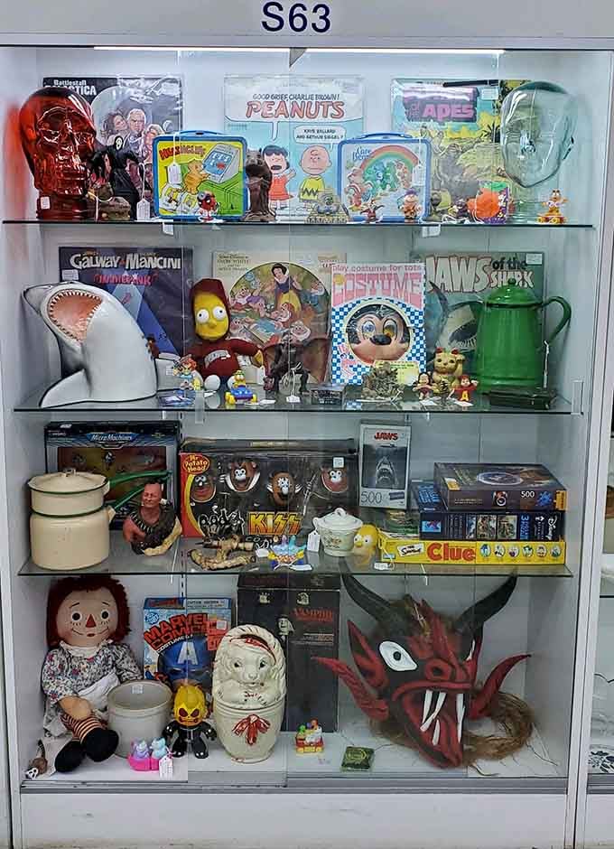 Pop culture collectibles from Peanuts to Jaws create a nostalgic time capsule of childhood memories.
