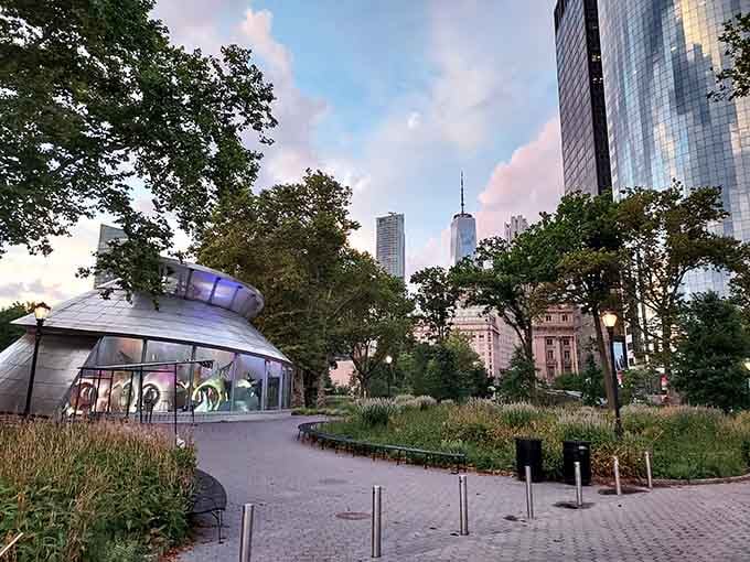 Where else can you find a futuristic carousel nestled between skyscrapers and trees, perfectly balancing old and new?