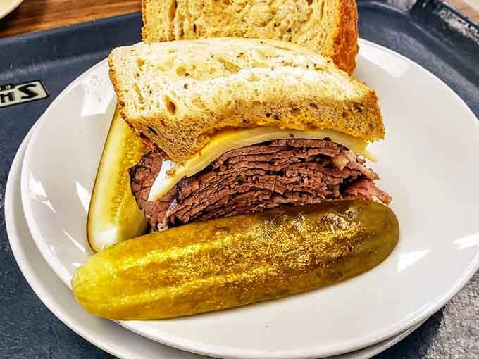 That pickle is almost as impressive as the towering roast beef sandwich, and that's saying something.