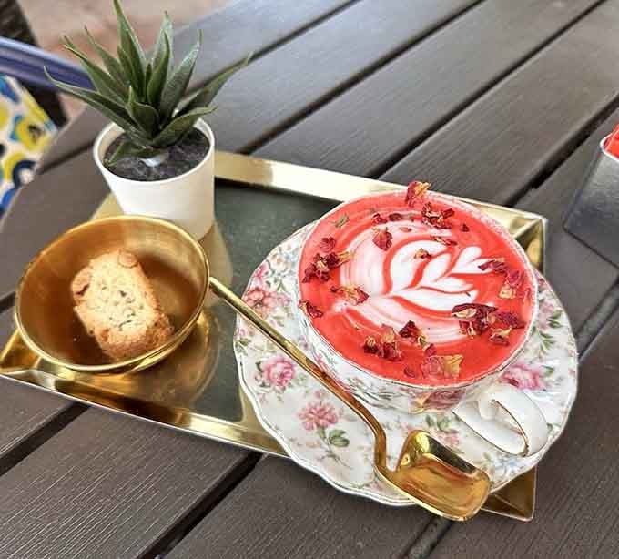 Red velvet meets coffee in this elegant presentation, served on china that's fancier than most people's wedding registry.
